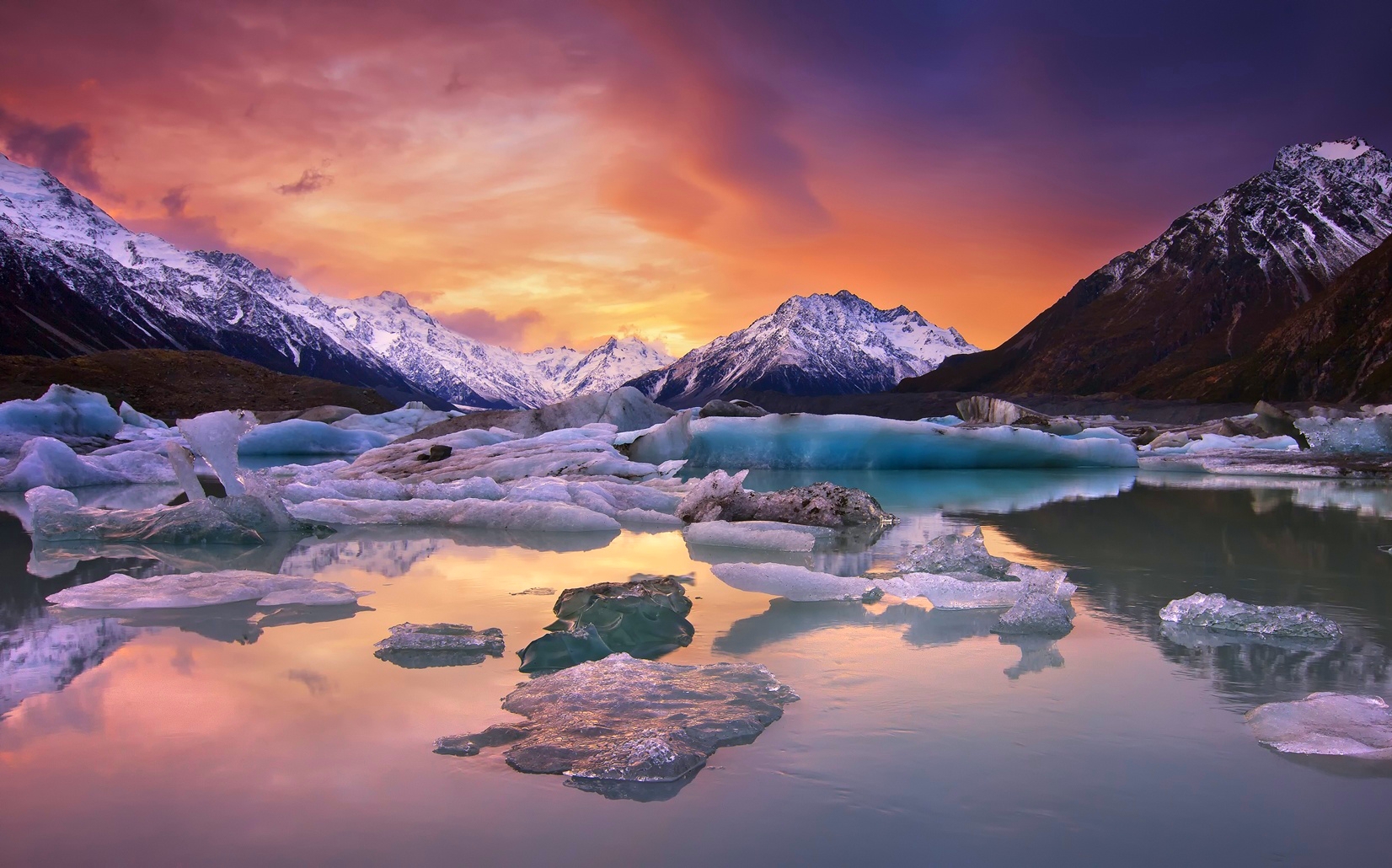 Download Mountain Sky Sunset Ice Lake Nature Winter Wallpaper