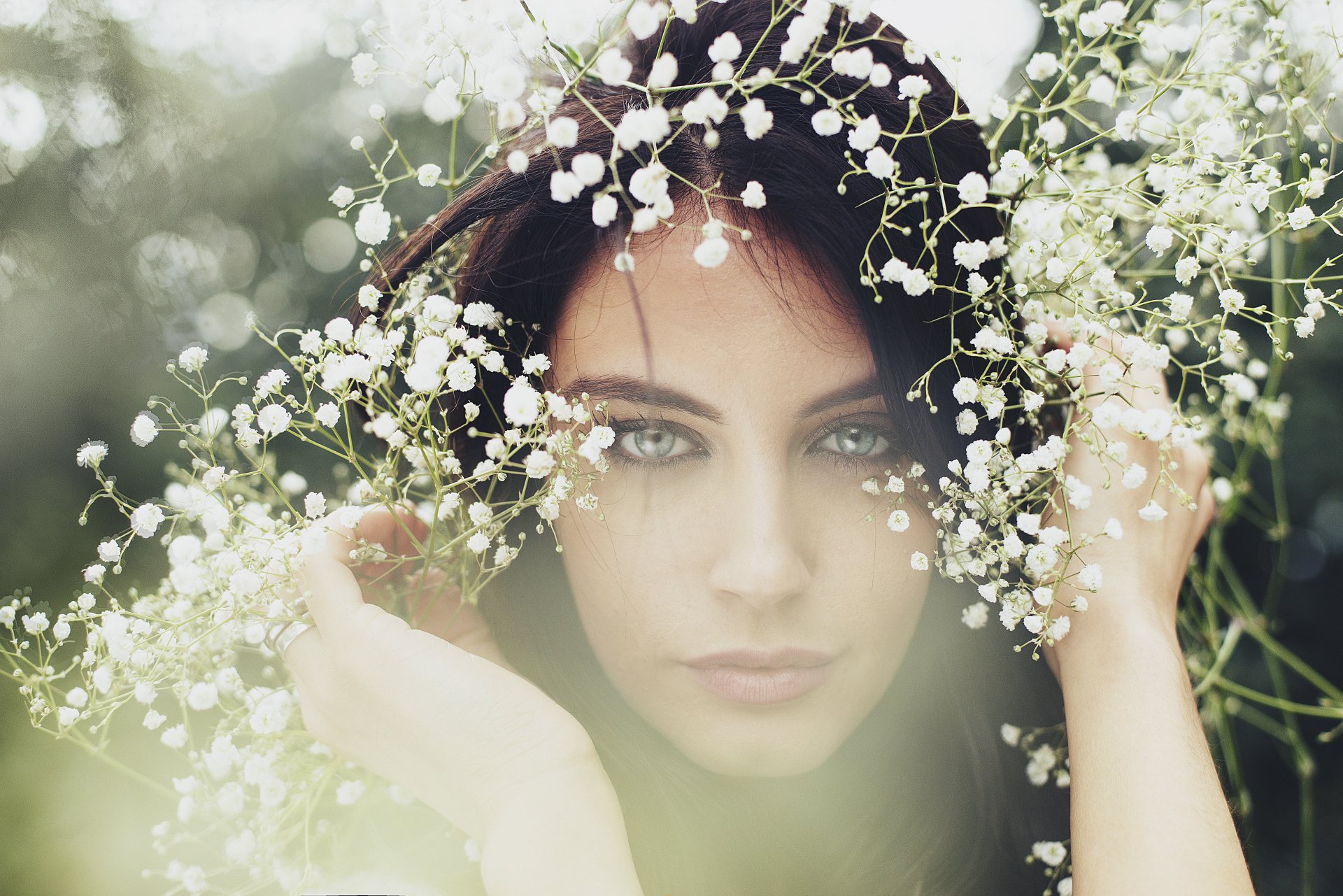 Download Brunette White Flower Blue Eyes Model Woman Face 4k Ultra HD ...