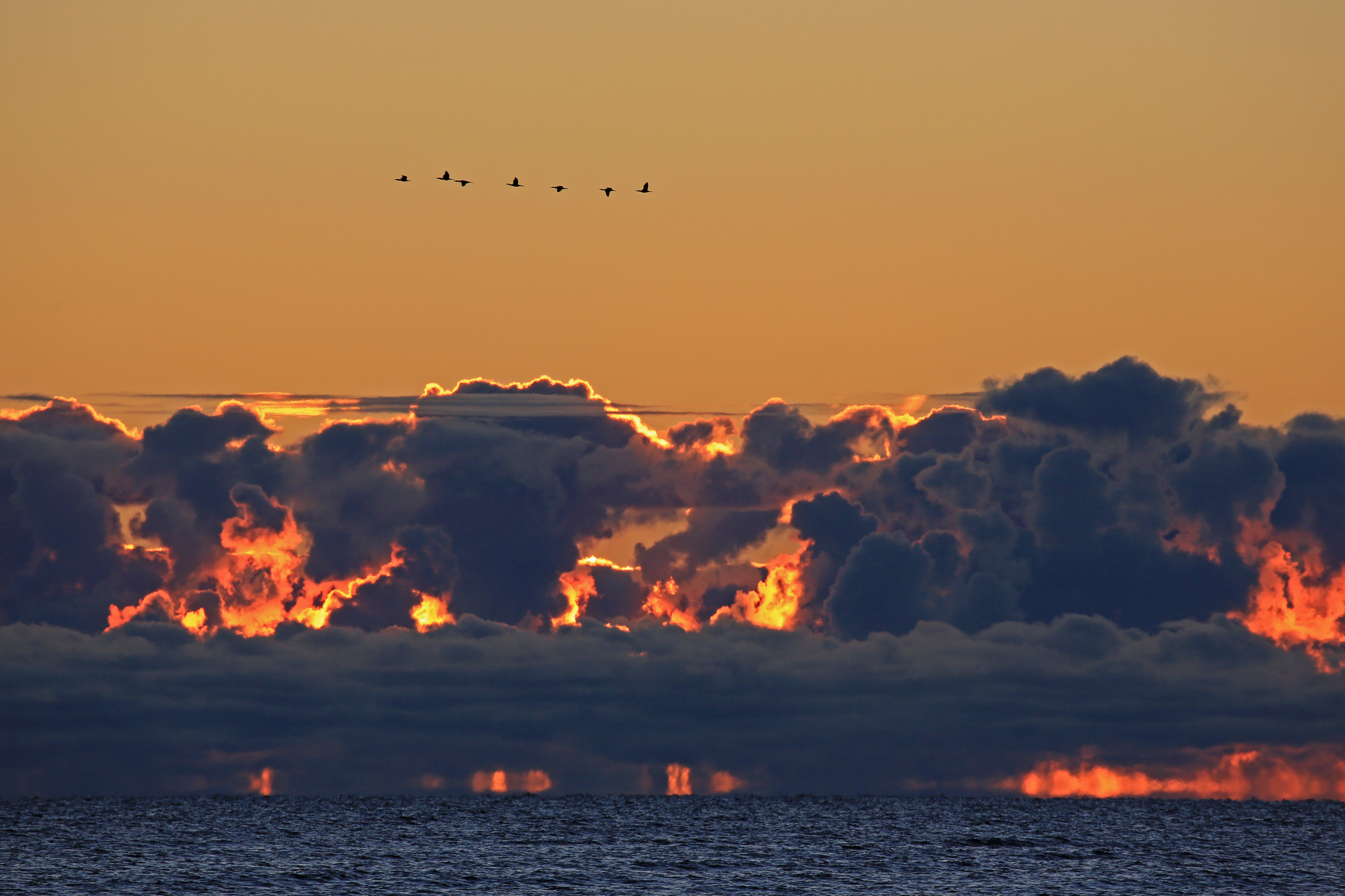 4K Ultra HD Ocean Sunset: Fiery Horizon and Majestic Cloudscape