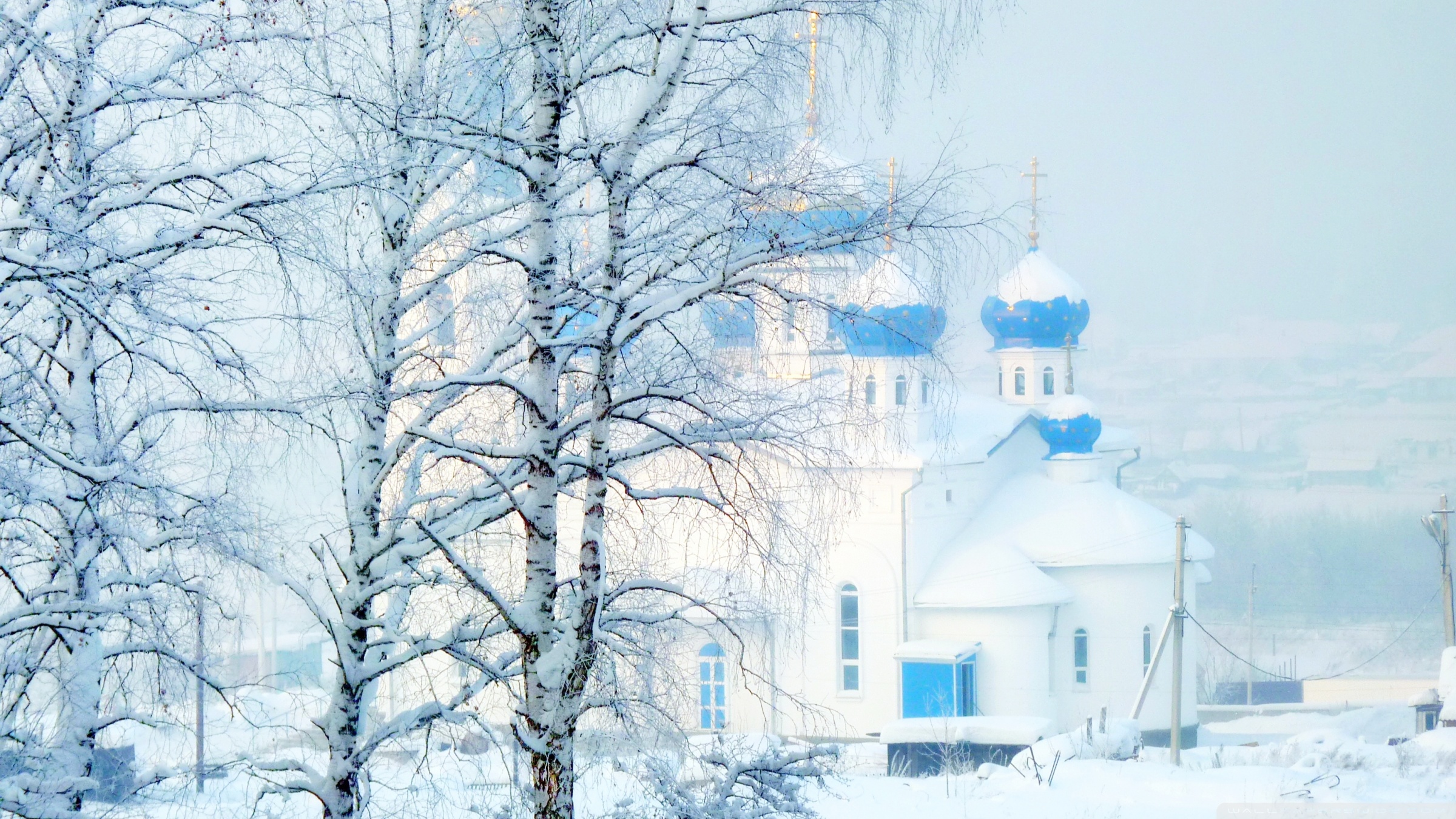 Winter Tranquility: Snowy Russian Church Among Frosted Trees – HD Wallpaper