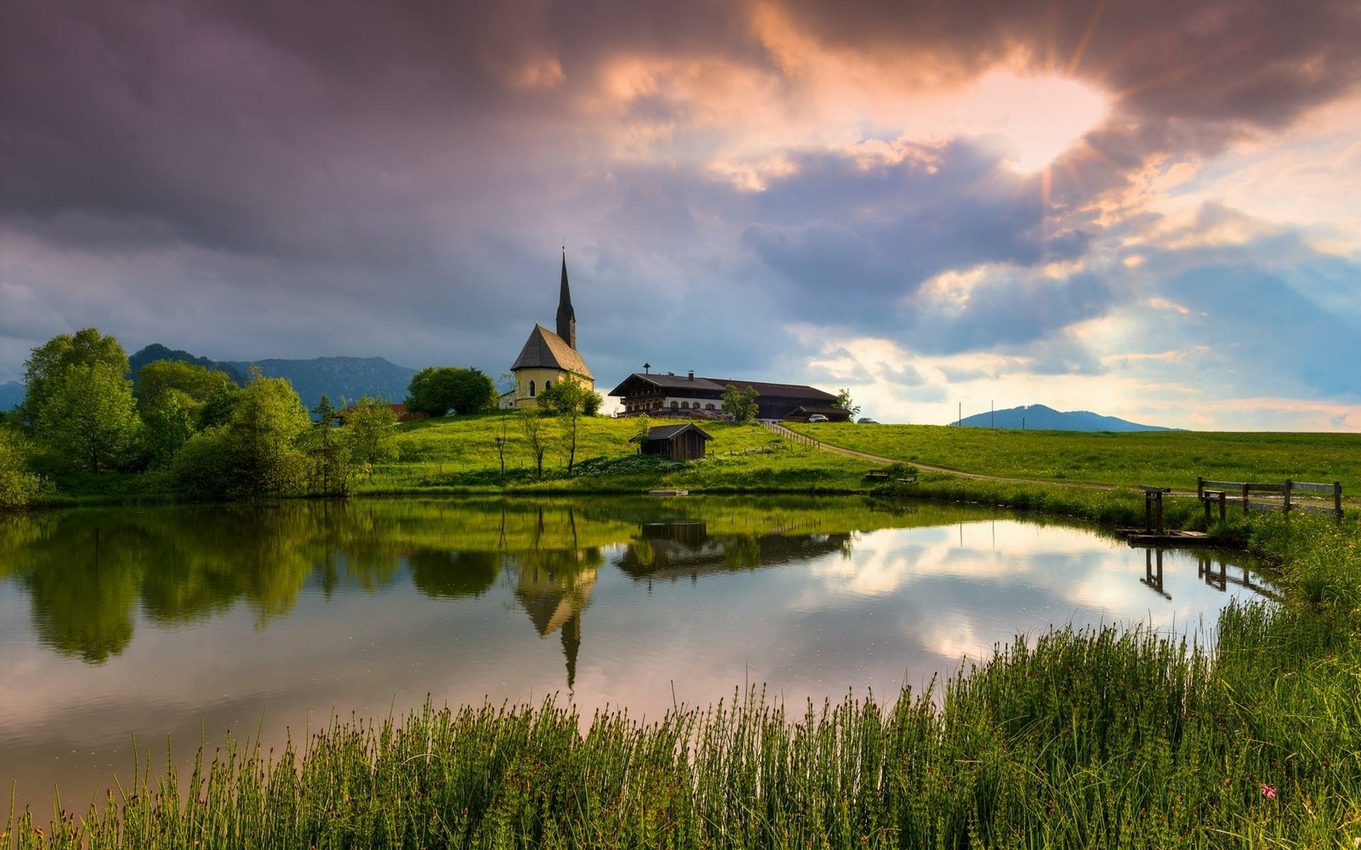 Serene Mountain Chapel by the Lake – HD Landscape Wallpaper | 1920x1200 ...