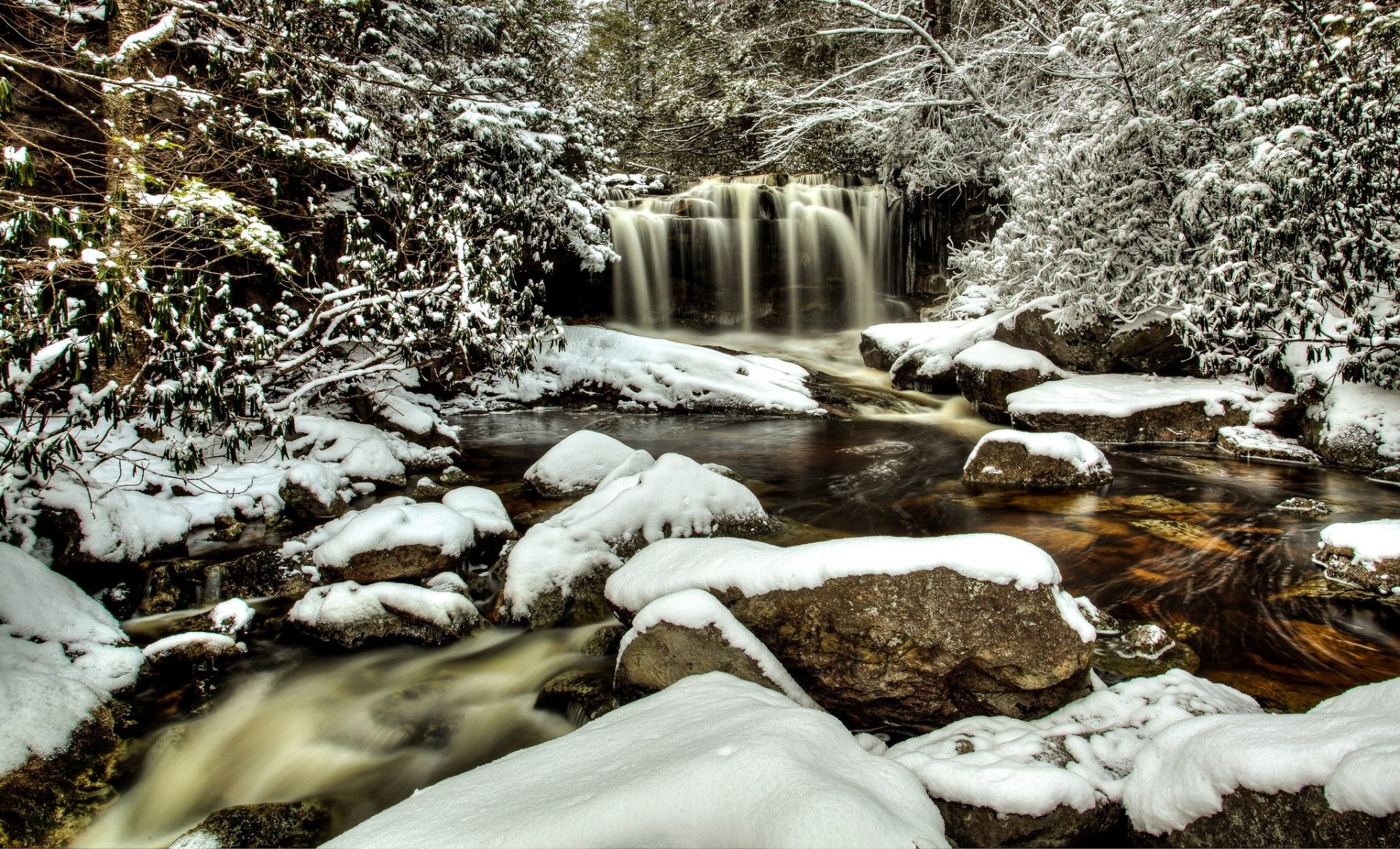 Winter Cascade: Snow-Covered Forest River (HD Wallpaper) | 2048x1243 ...