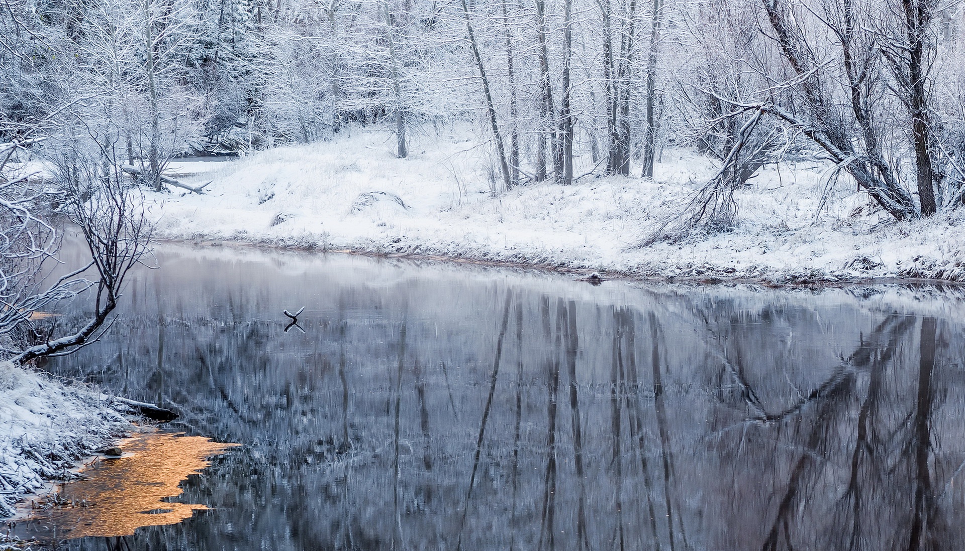 Winter River Reflections: Serene Snowy Nature HD Wallpaper
