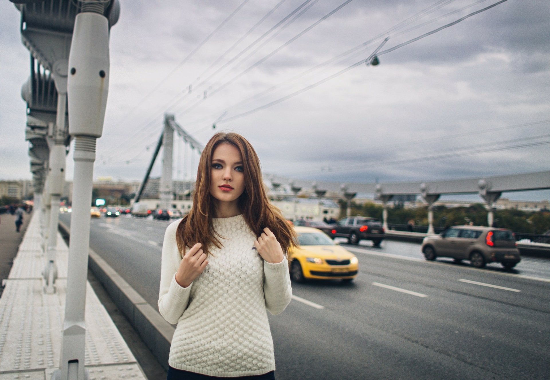 Download Blue Eyes Stare Depth Of Field Blur Bridge Brunette Woman ...