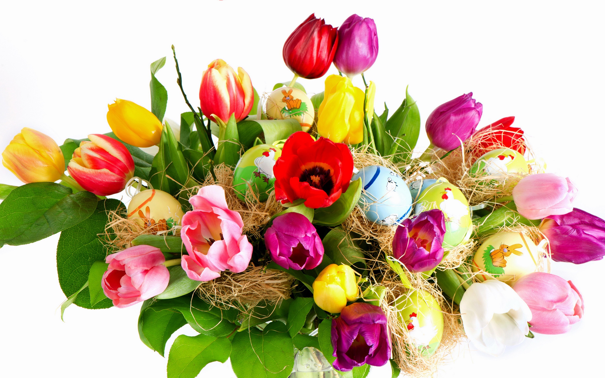 Vibrant Easter Celebration: Colorful Tulips and Painted Eggs HD Wallpaper