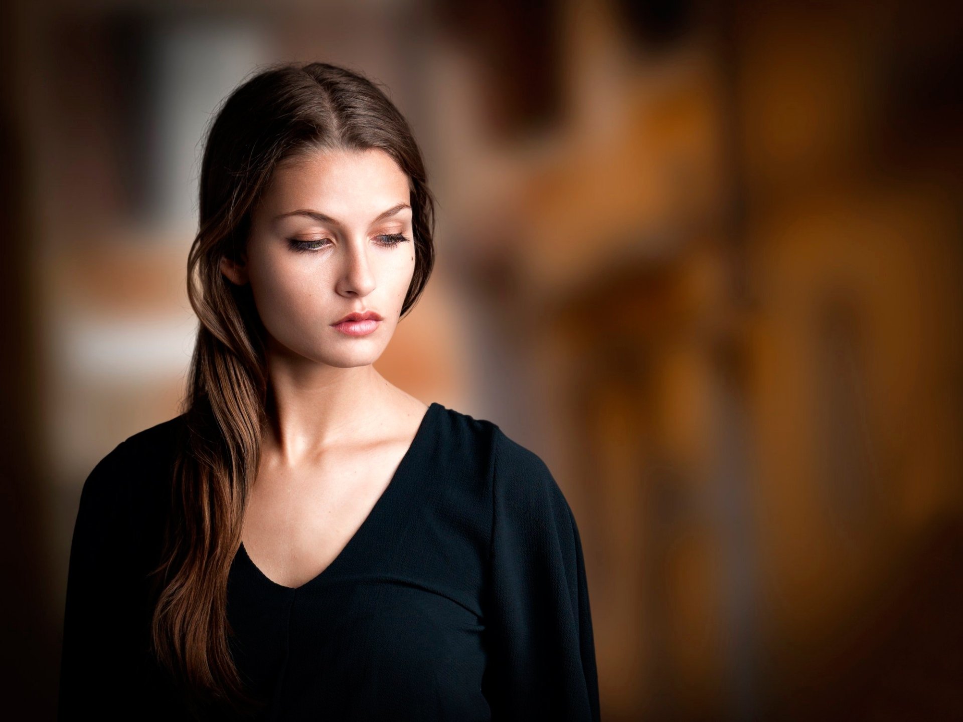 Download Brunette Blur Model Woman Mood HD Wallpaper