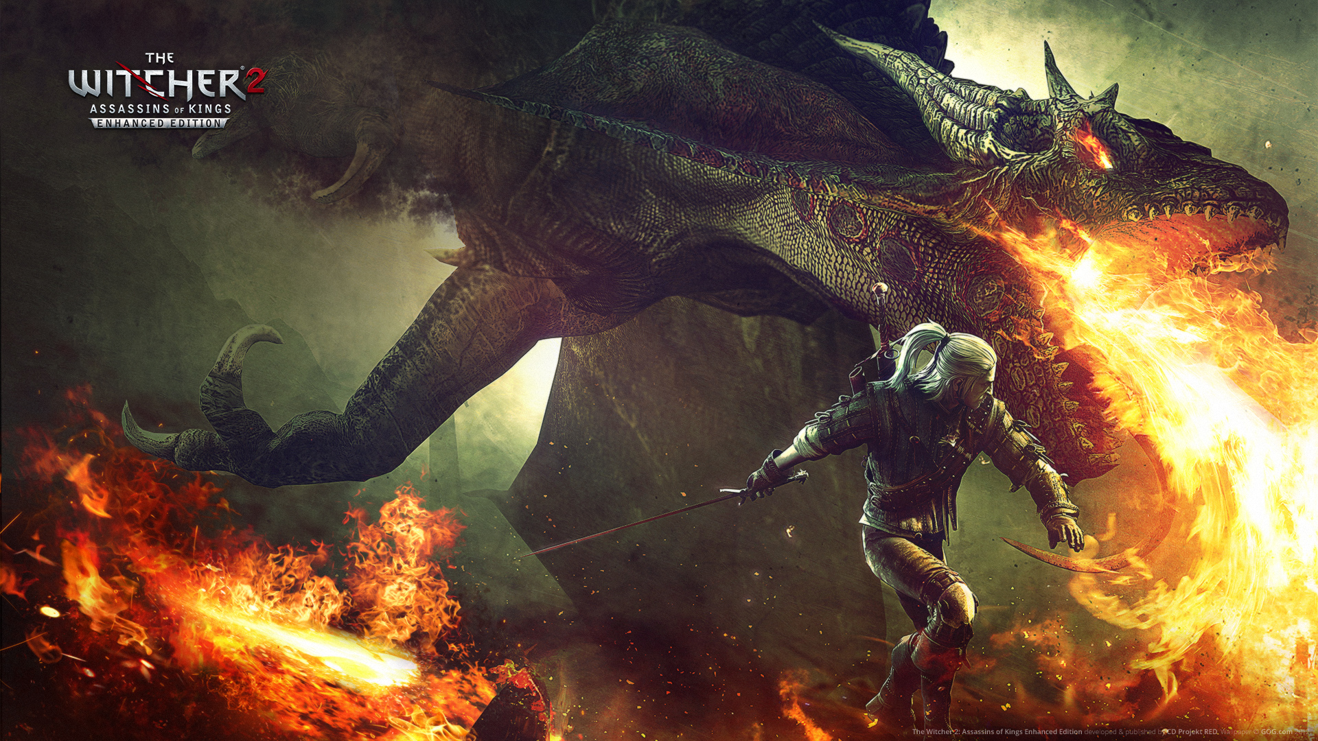Geralt Battles the Fiery Dragon – The Witcher 2 HD Wallpaper