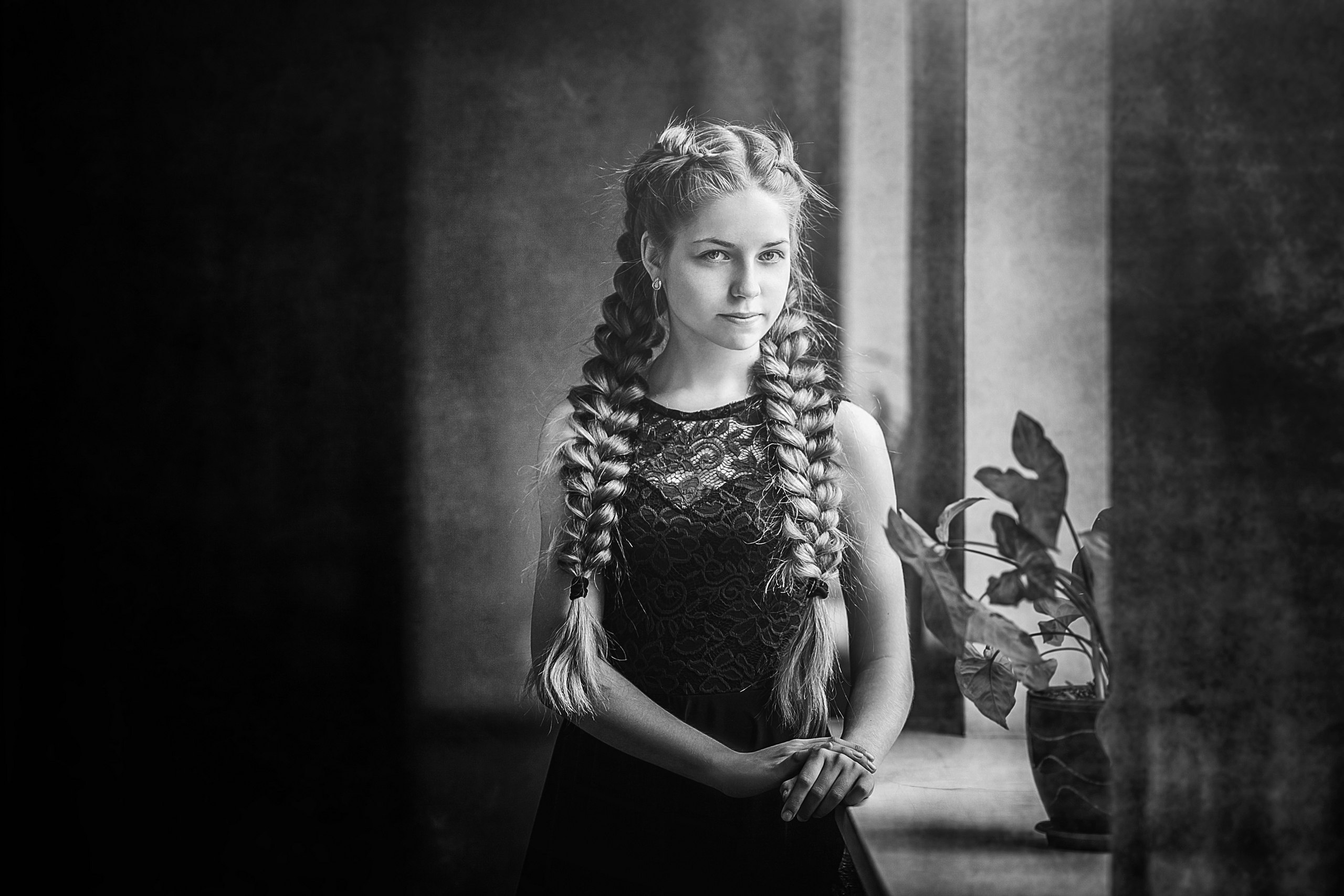 Download Braid Black & White Woman Model HD Wallpaper by Sergey Piltnik