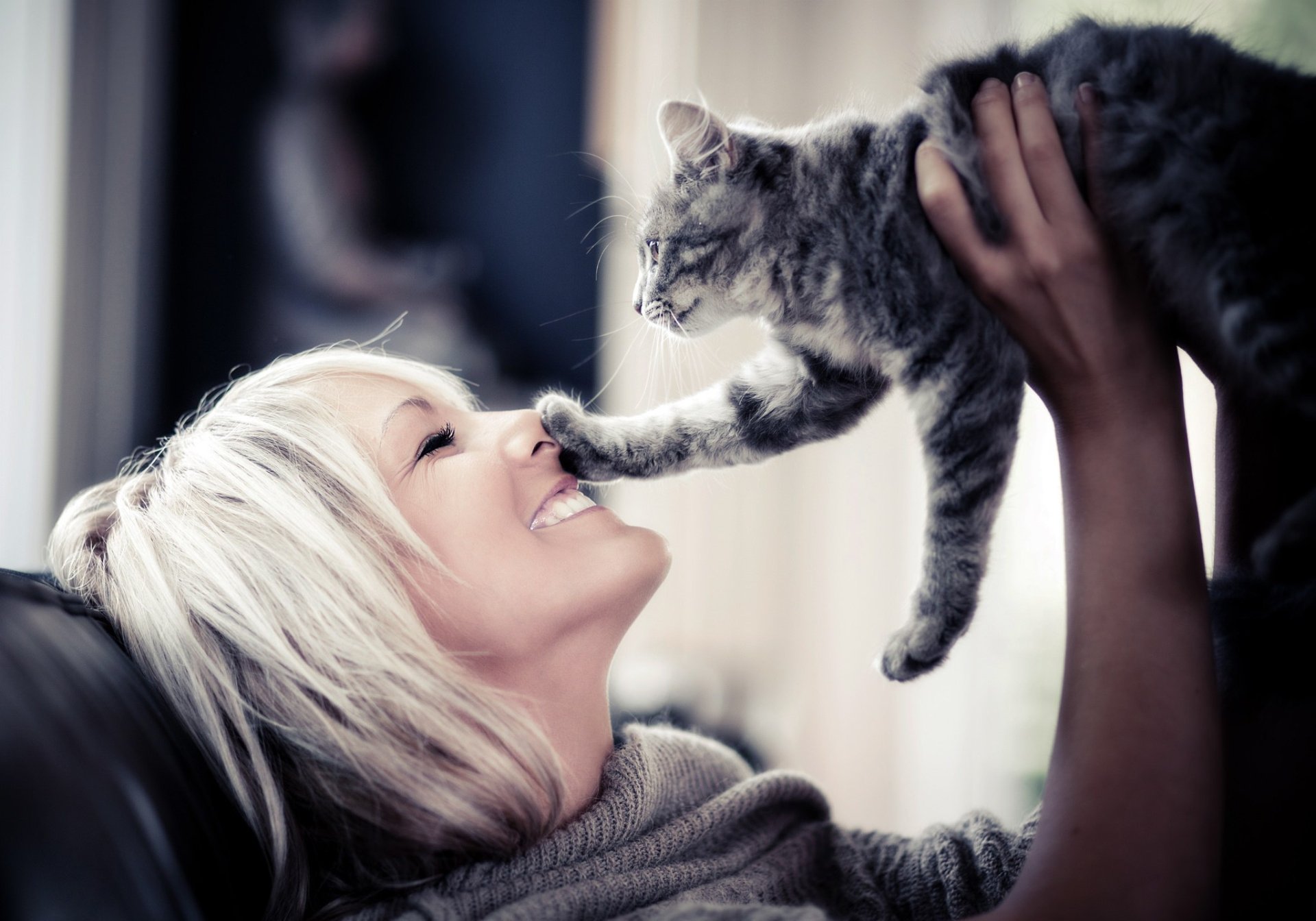 Blonde Woman's Smile & Playful Cat — HD Mood Wallpaper by Pascal Martin ...