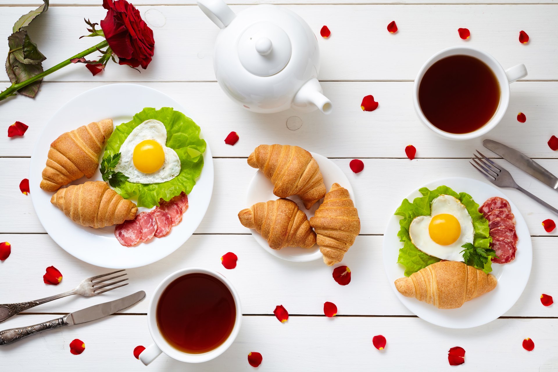 Download Still Life Heart-shaped Tea Croissant Egg Food Breakfast 4k ...
