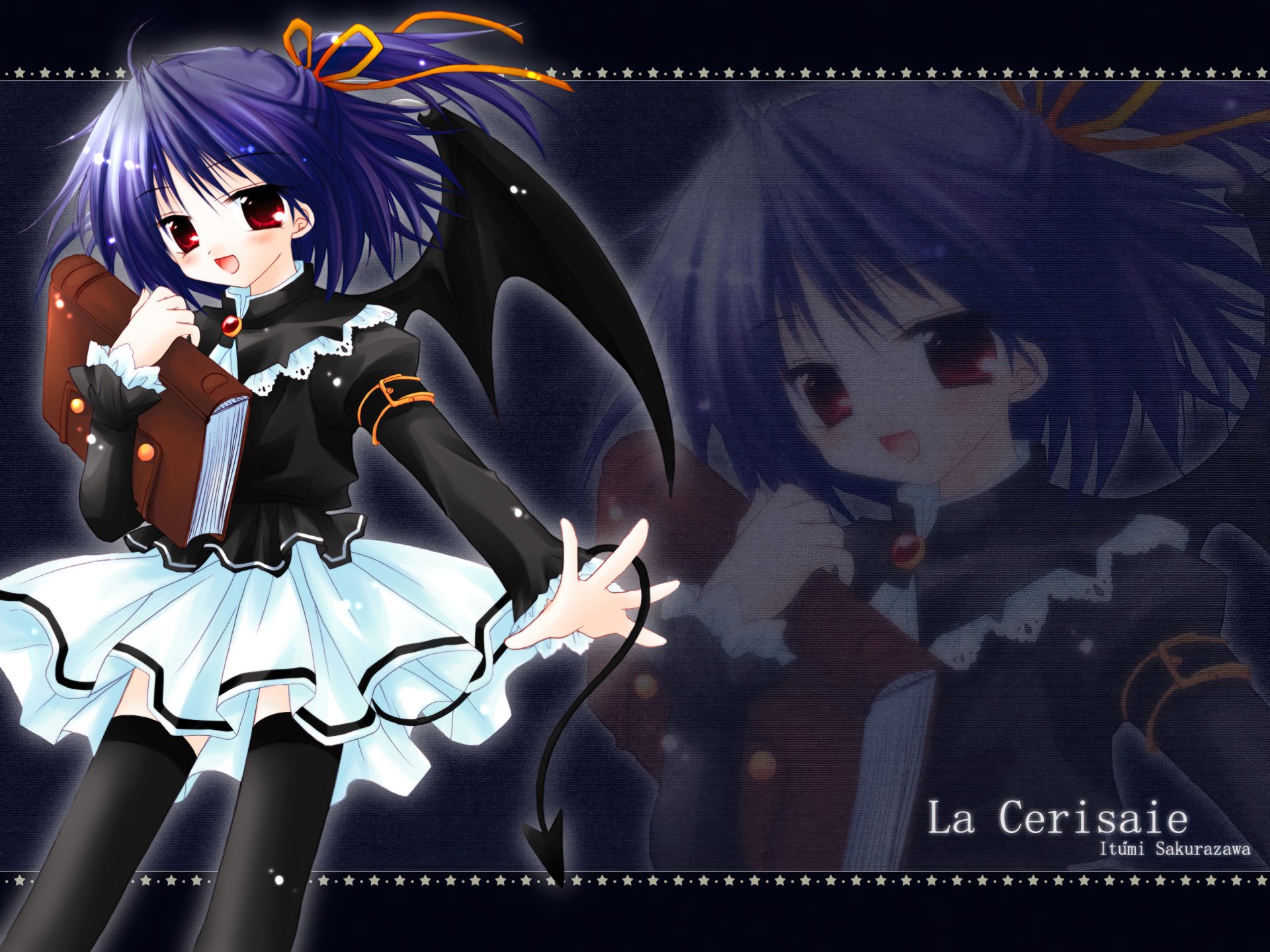 Download Ribbon Blue Hair Wings Book Blush Smile Red Eyes Short Hair ...