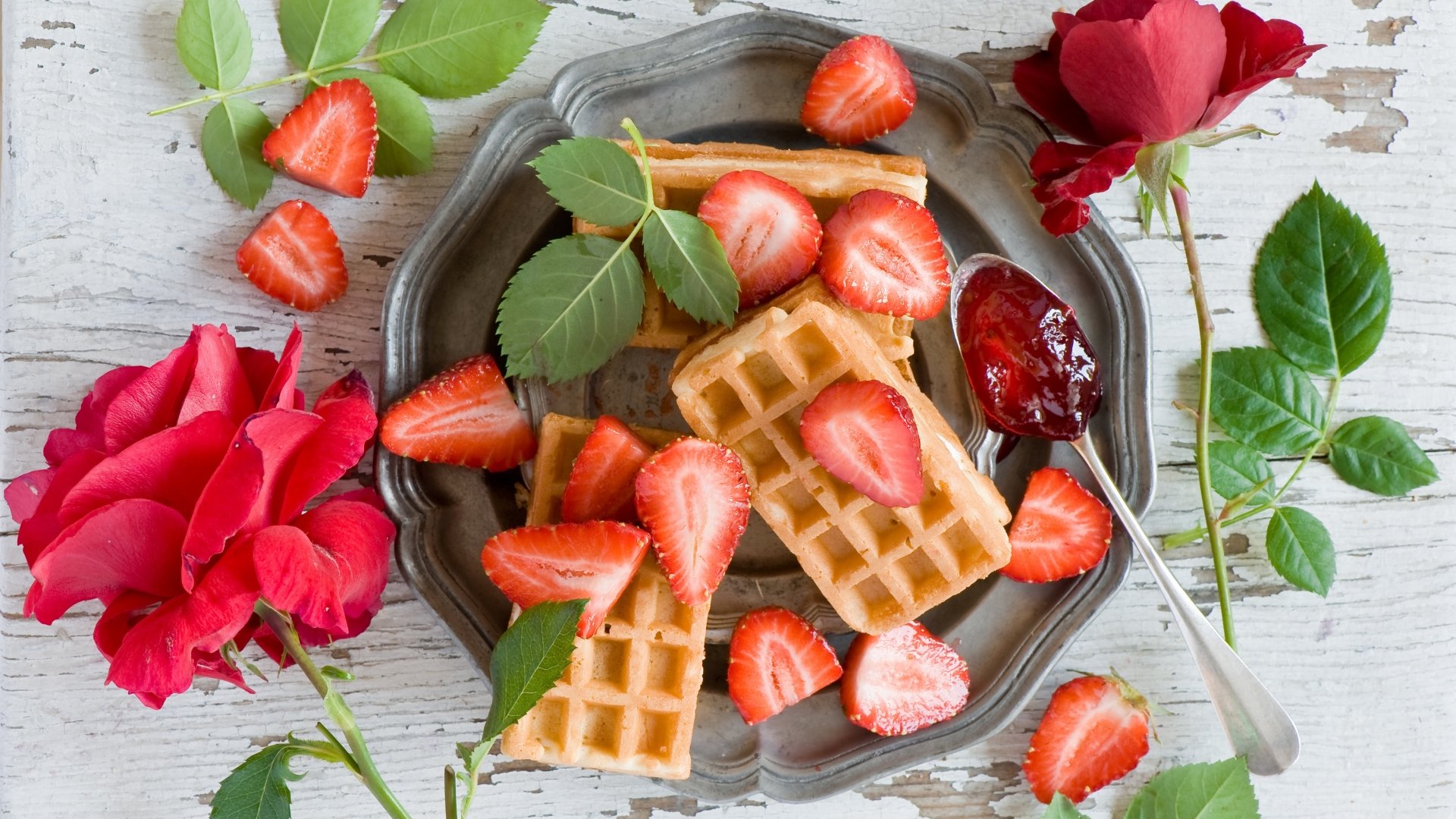 4K Strawberry Waffle Breakfast — Floral Still Life | 3840x2160 ...
