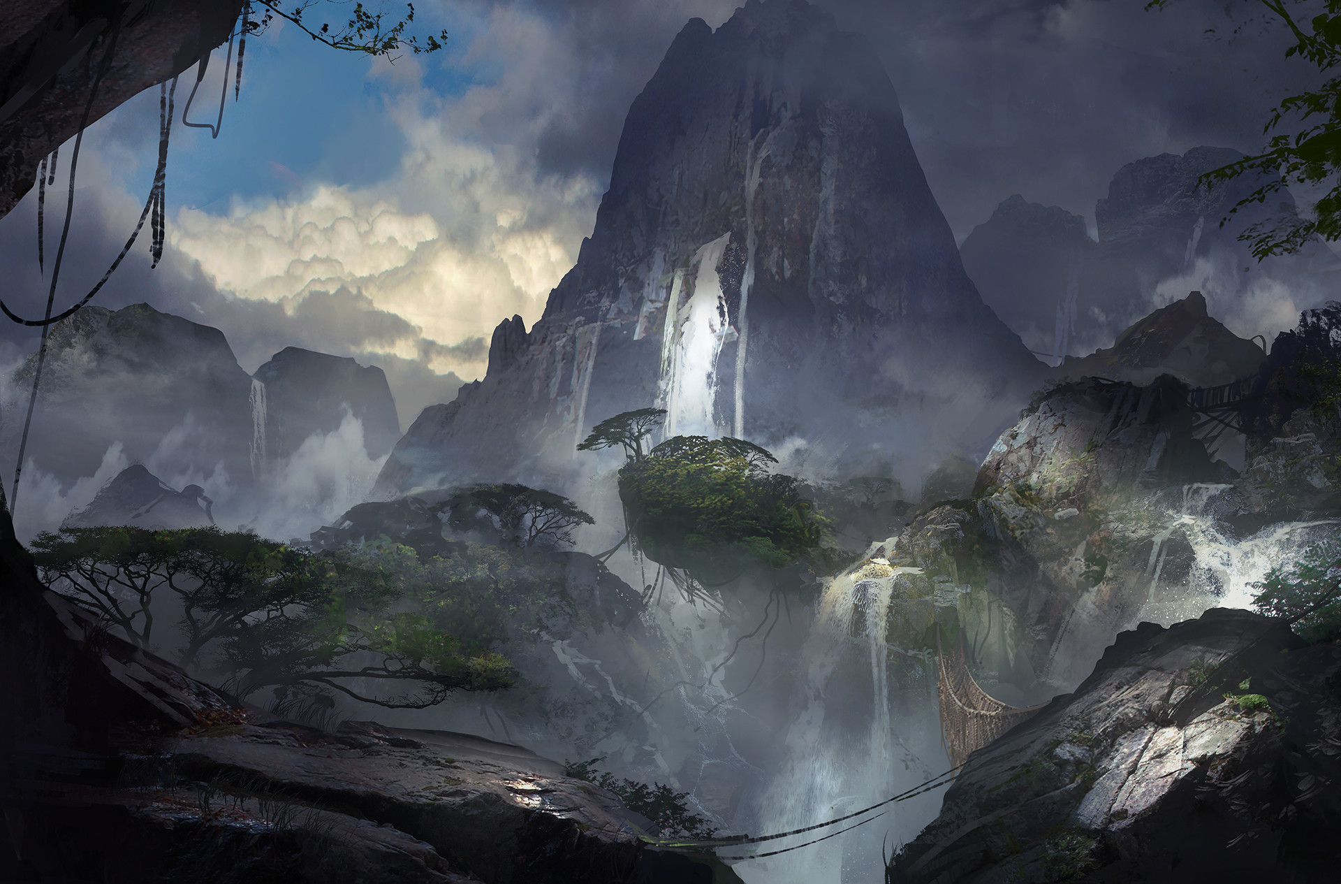 Download Cloud Sky River Water Tree Mountain Waterfall Fantasy ...