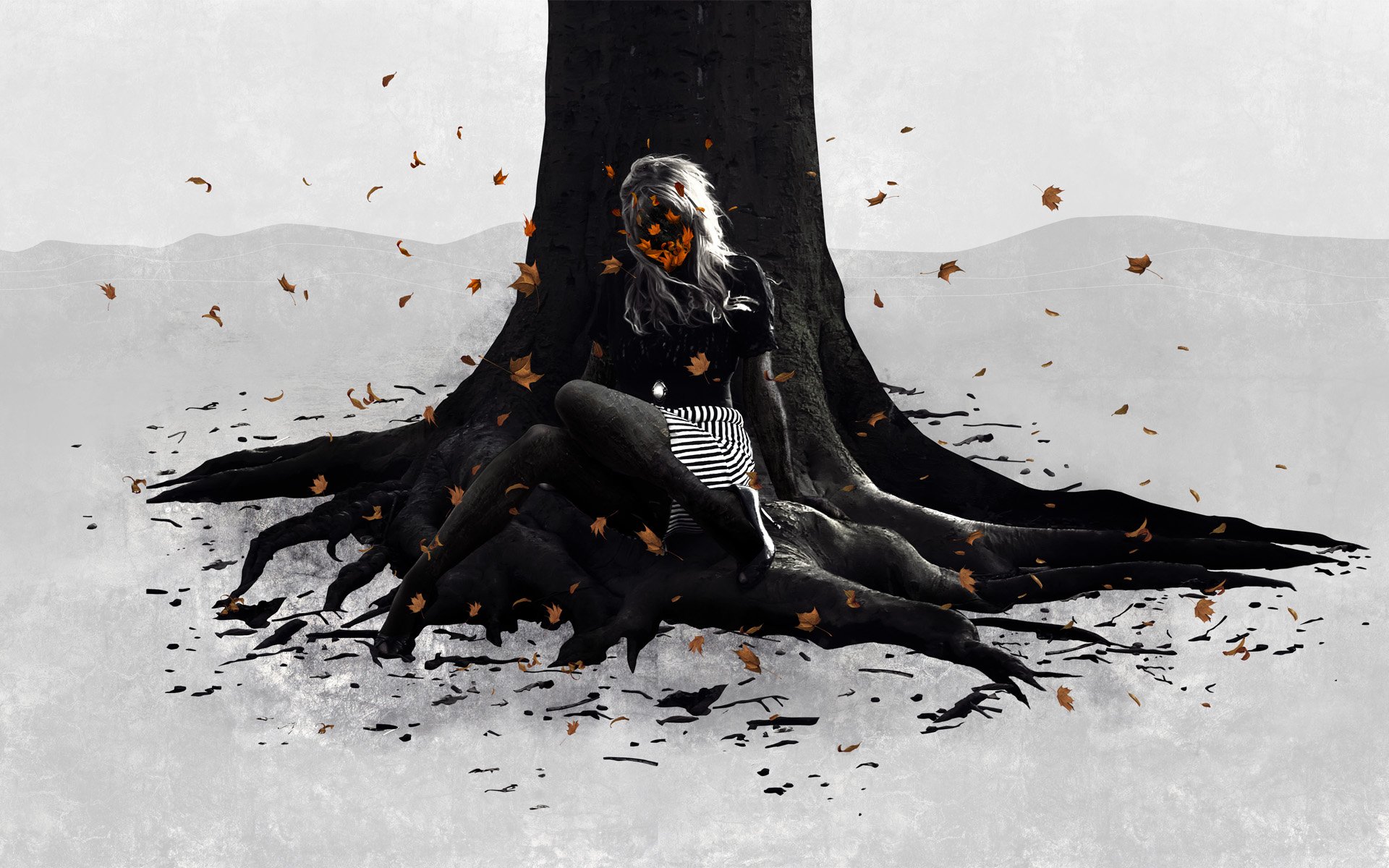 Autumn Muse: Artistic Woman Embracing the Tree in HD Fall Wallpaper ...