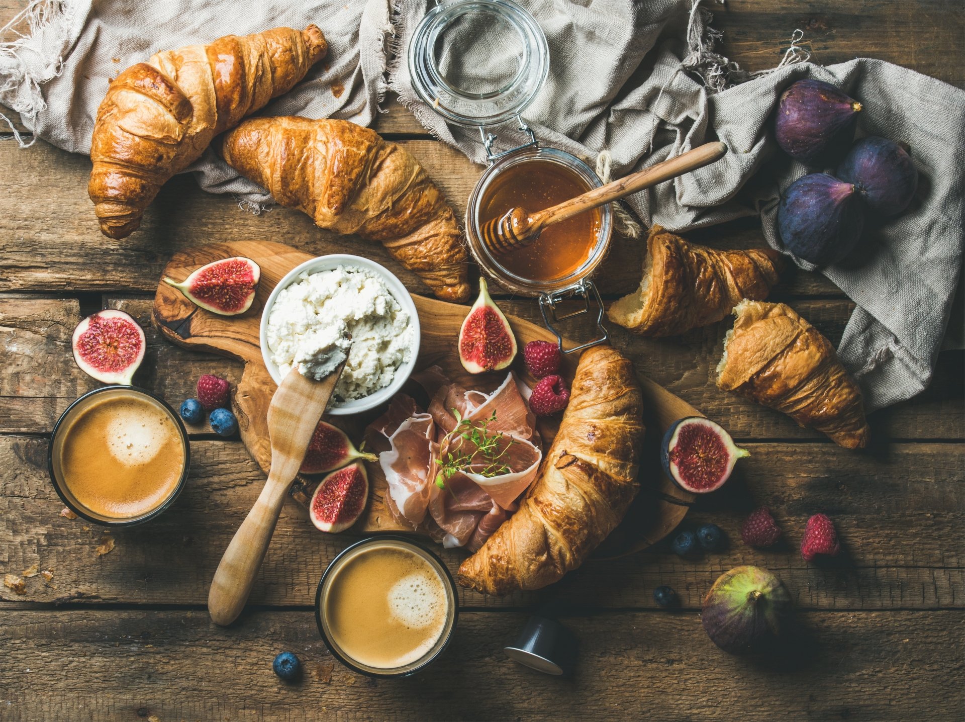 Rustic Breakfast Bliss: Croissants, Figs, Honey & Coffee in 4K Ultra HD