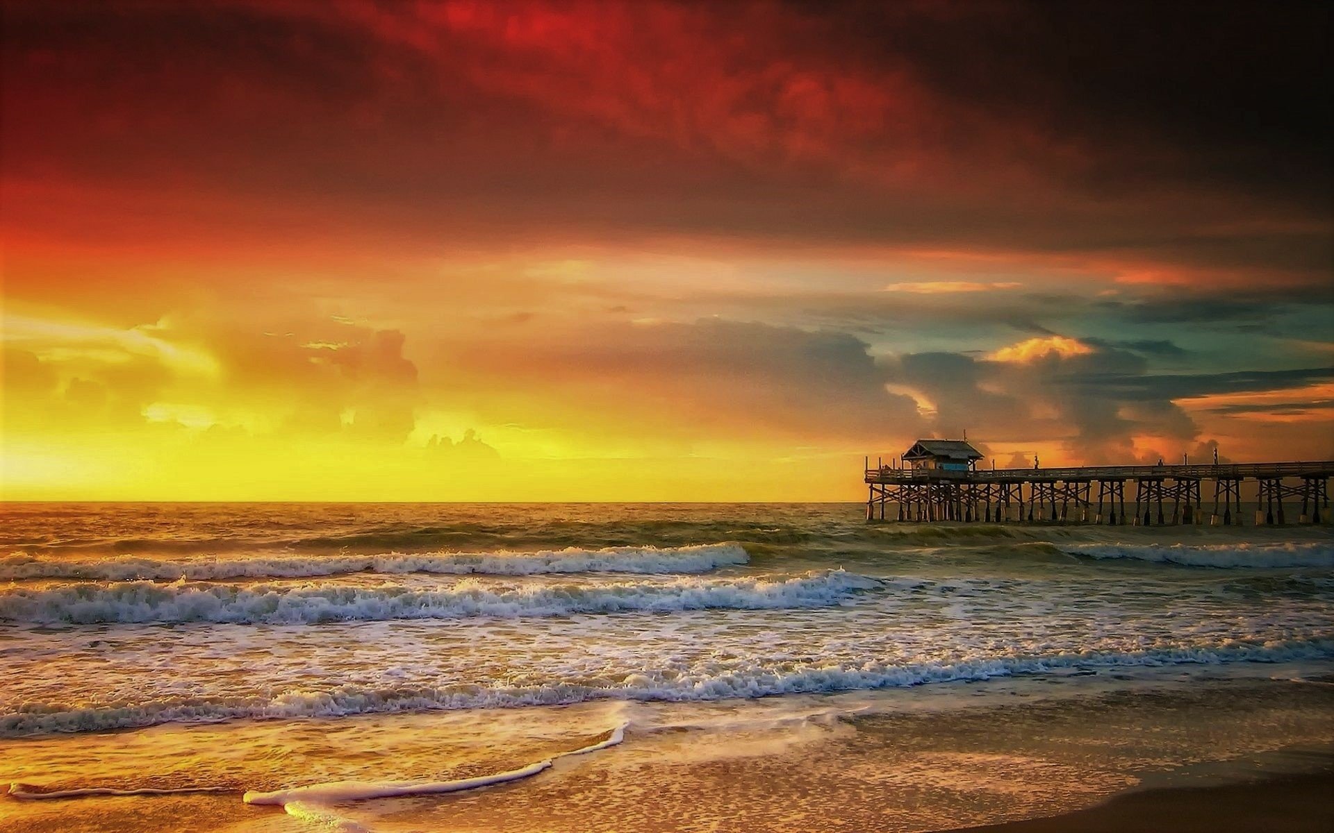 Sunset Horizon Over Ocean Waves and Pier – HD Seascape Wallpaper ...
