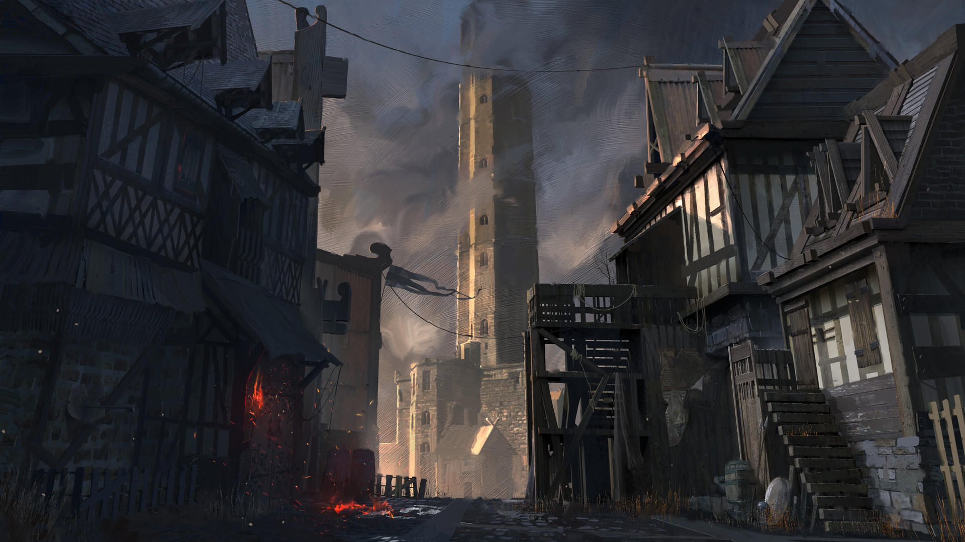 Download Cloud Village Tower Fantasy Building Wallpaper by Pablo Dominguez