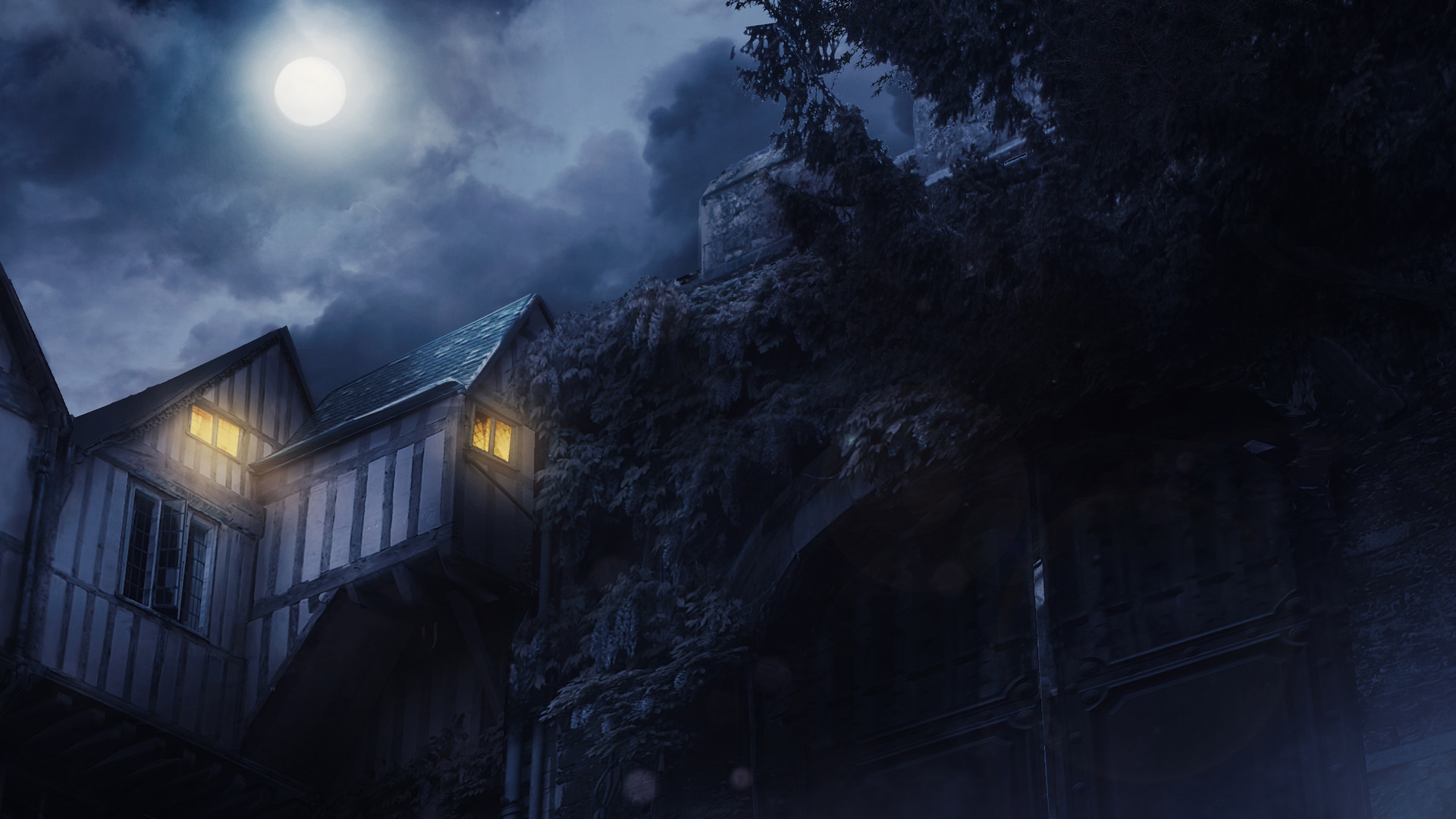 Download Cloud Sky Moon Night House Fantasy Building HD Wallpaper by ...