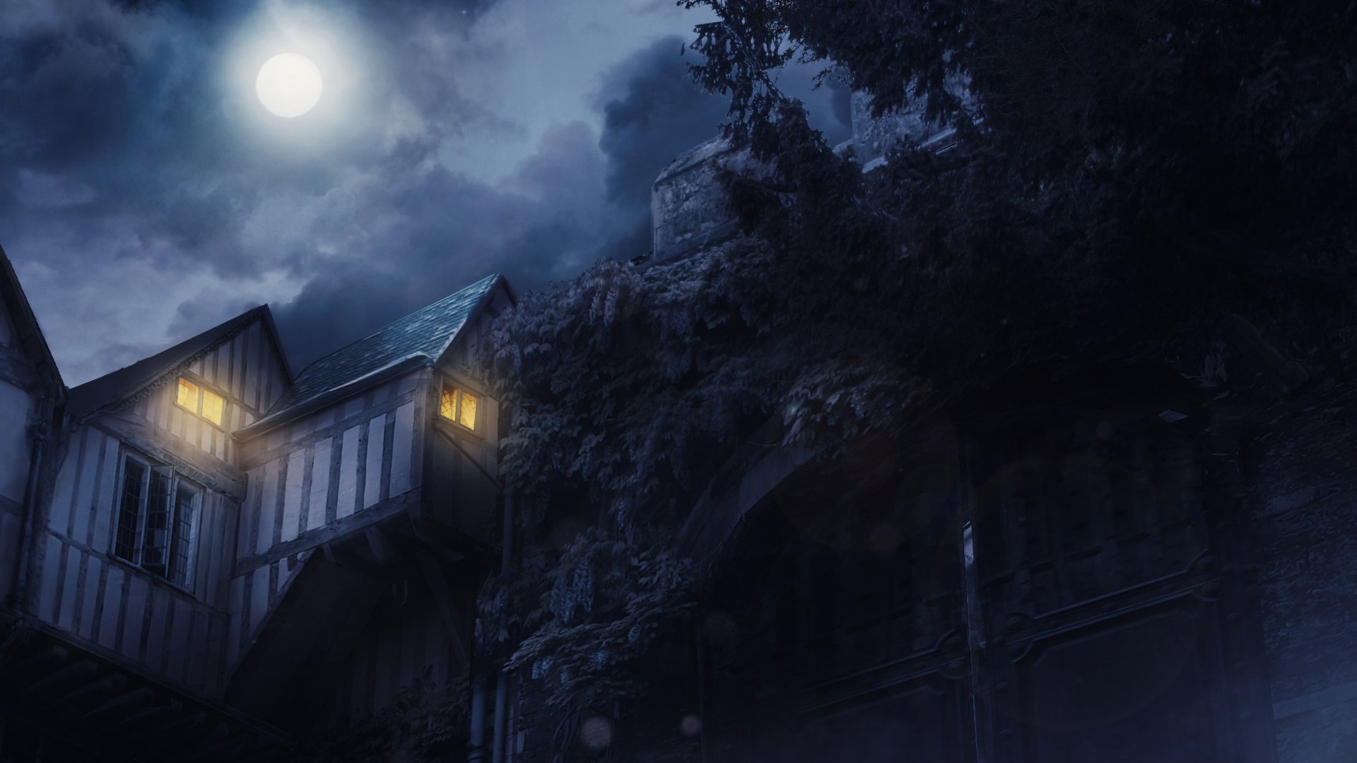 Download Cloud Sky Moon Night House Fantasy Building HD Wallpaper by ...