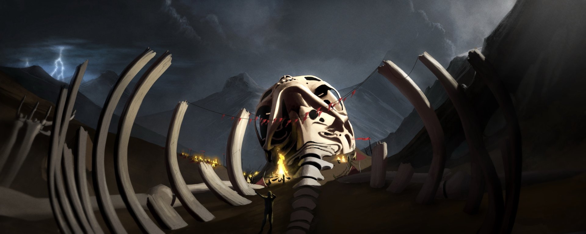 Enchanted Bonfire Amidst Ancient Bones: A Fantasy Landscape HD Wallpaper