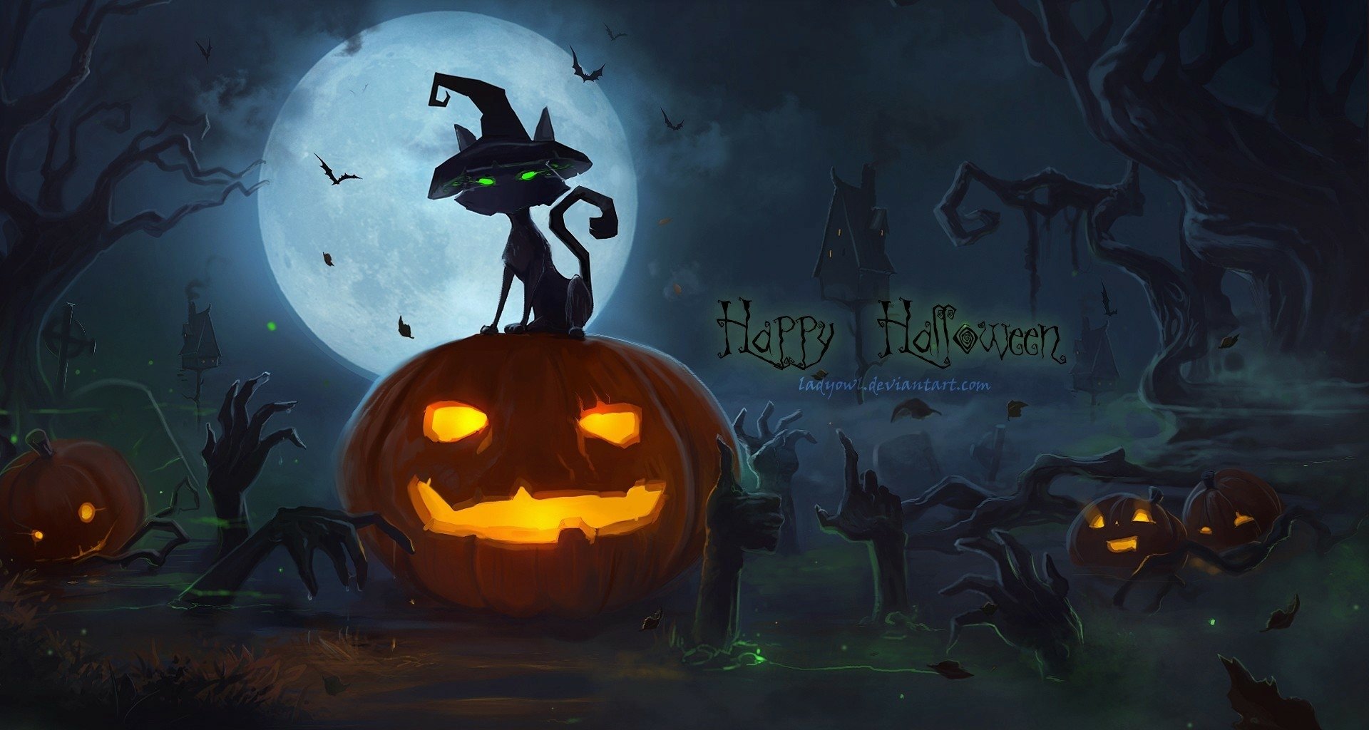 Halloween Night: Black Cat on Pumpkin Under the Full Moon – HD ...