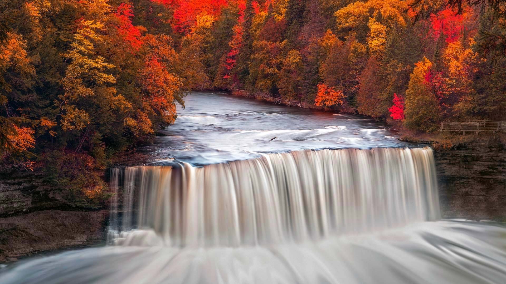 Autumn Foam Cascade: Stunning Forest Waterfall HD Wallpaper