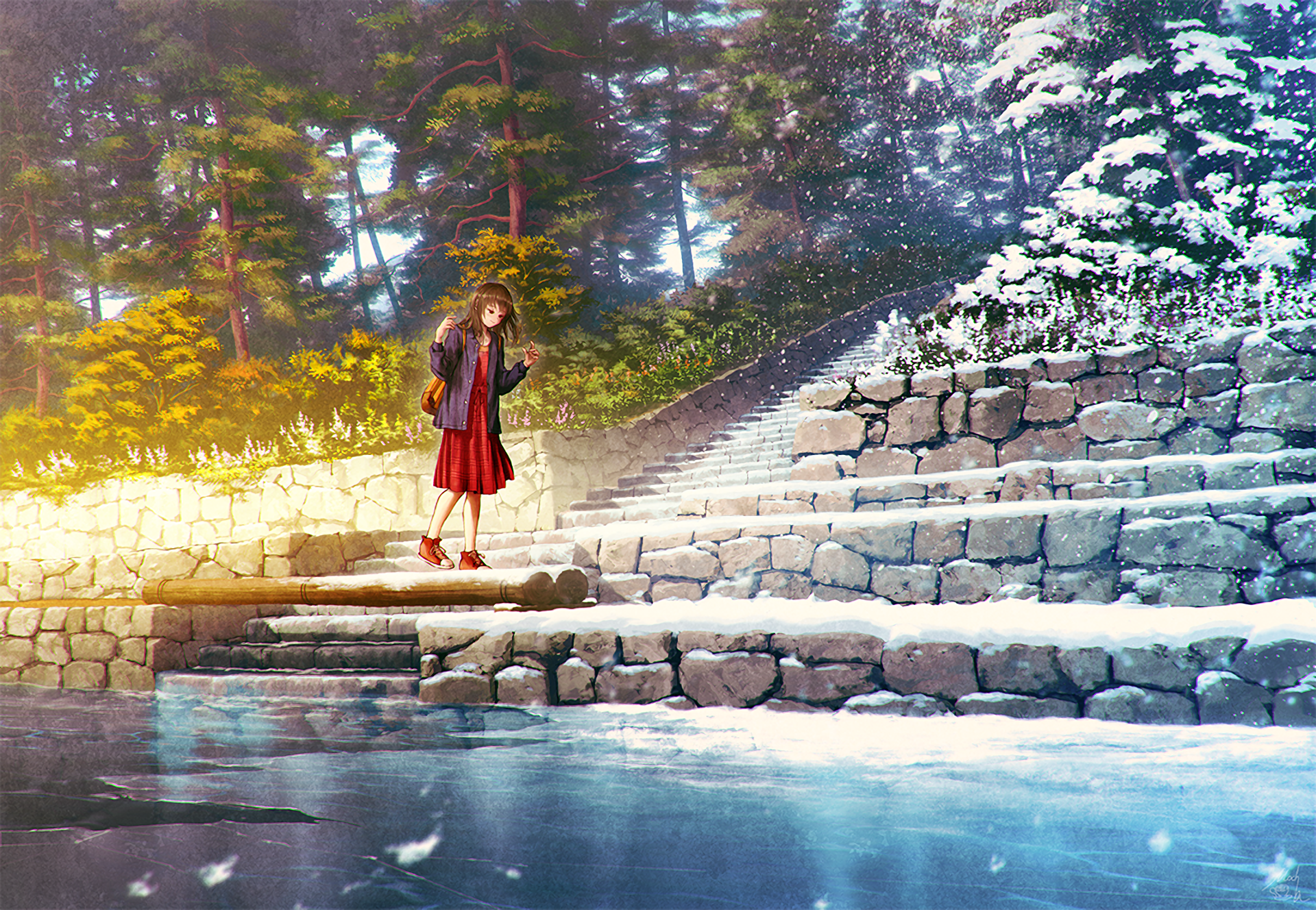 Winter Serenity: Original Anime Snowfall HD Wallpaper by mocha
