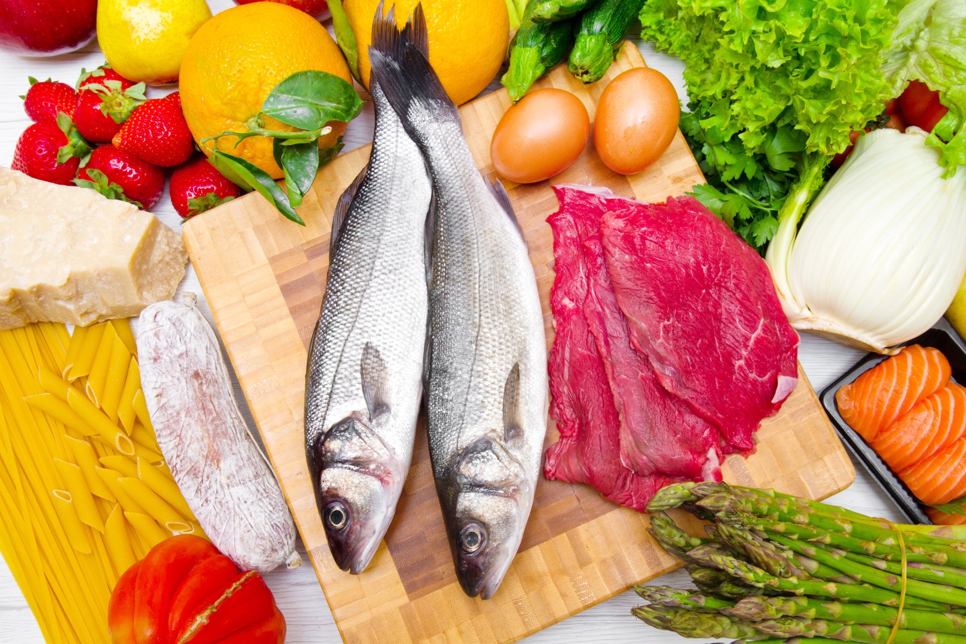 4K Ultra HD Still Life: Fresh Fish, Meat, Cheese & Vibrant Fruits and ...