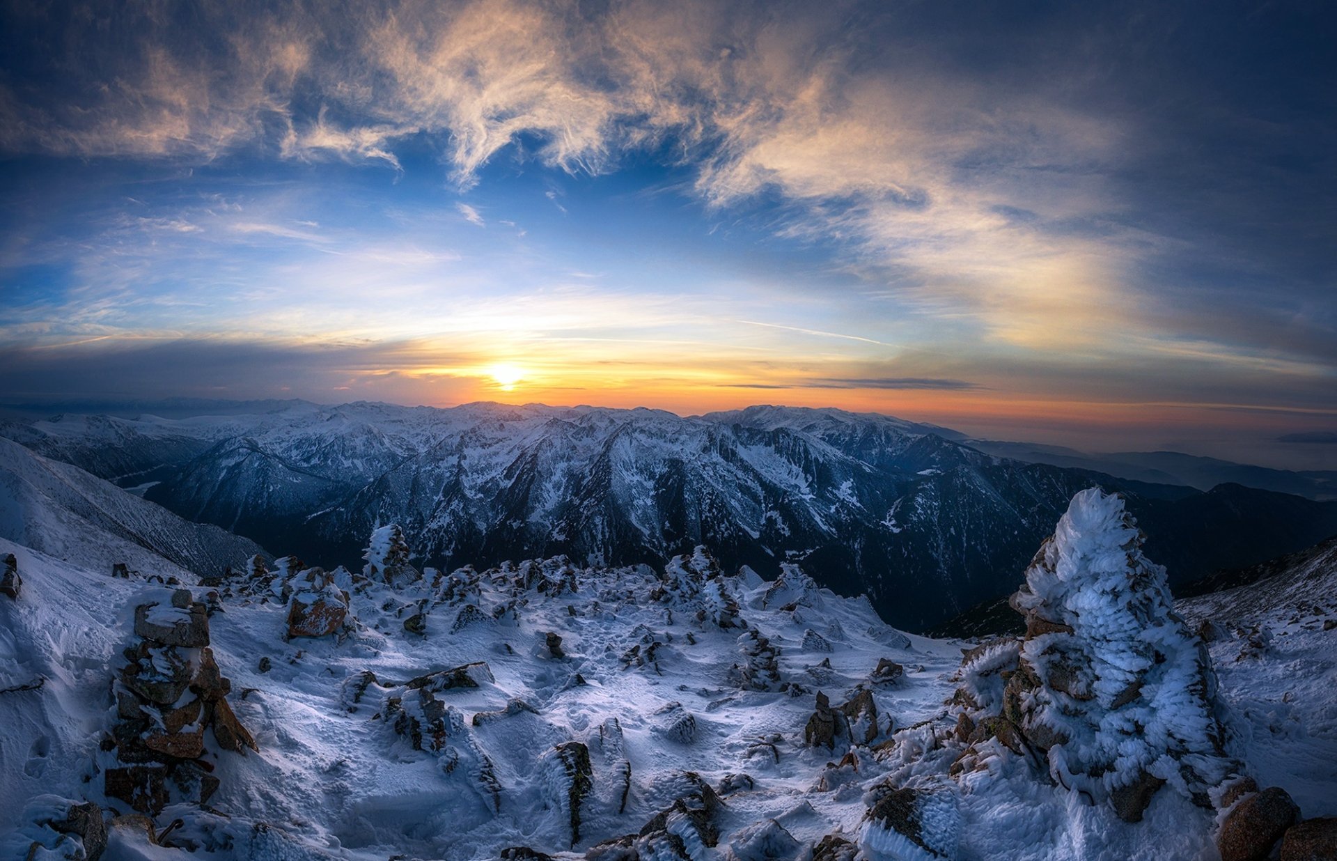 Majestic Winter Sunset Over Snowy Mountain Peaks - HD Nature Landscape