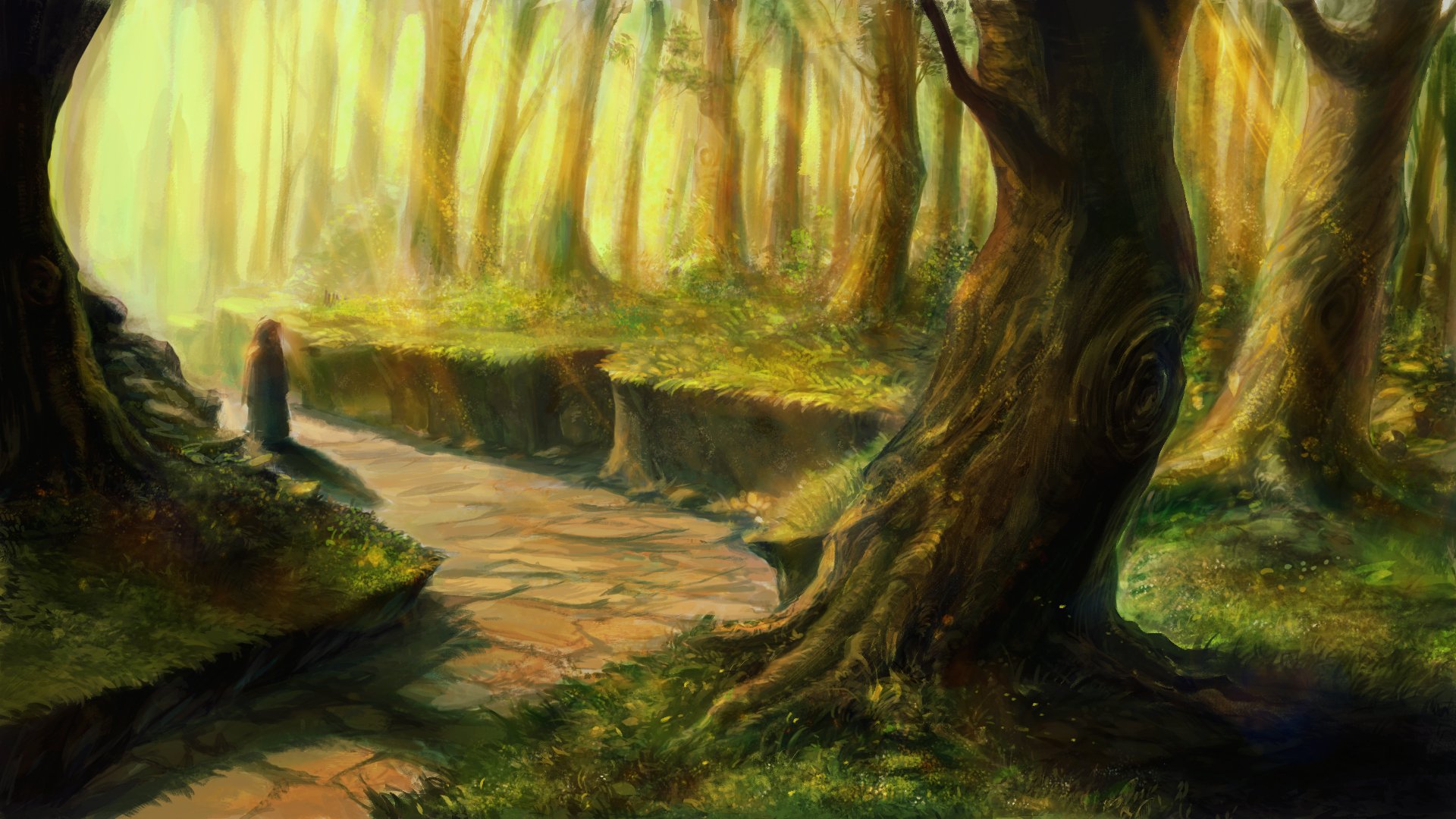 Enchanted Anime Forest HD Wallpaper: Serene Woodland Pathways by Sishenfan