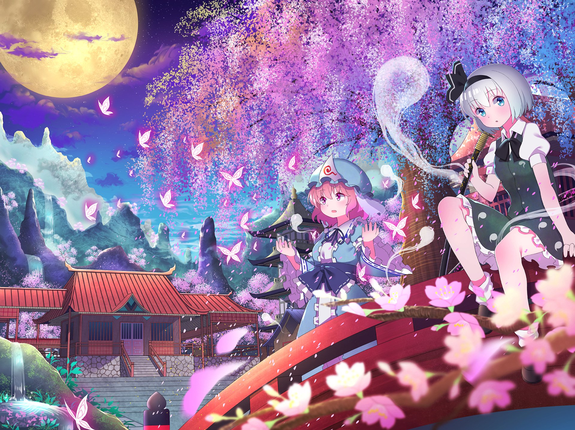 Moonlit Sakura Stroll — Yuyuko & Youmu (Touhou HD Wallpaper) by ゆうじん