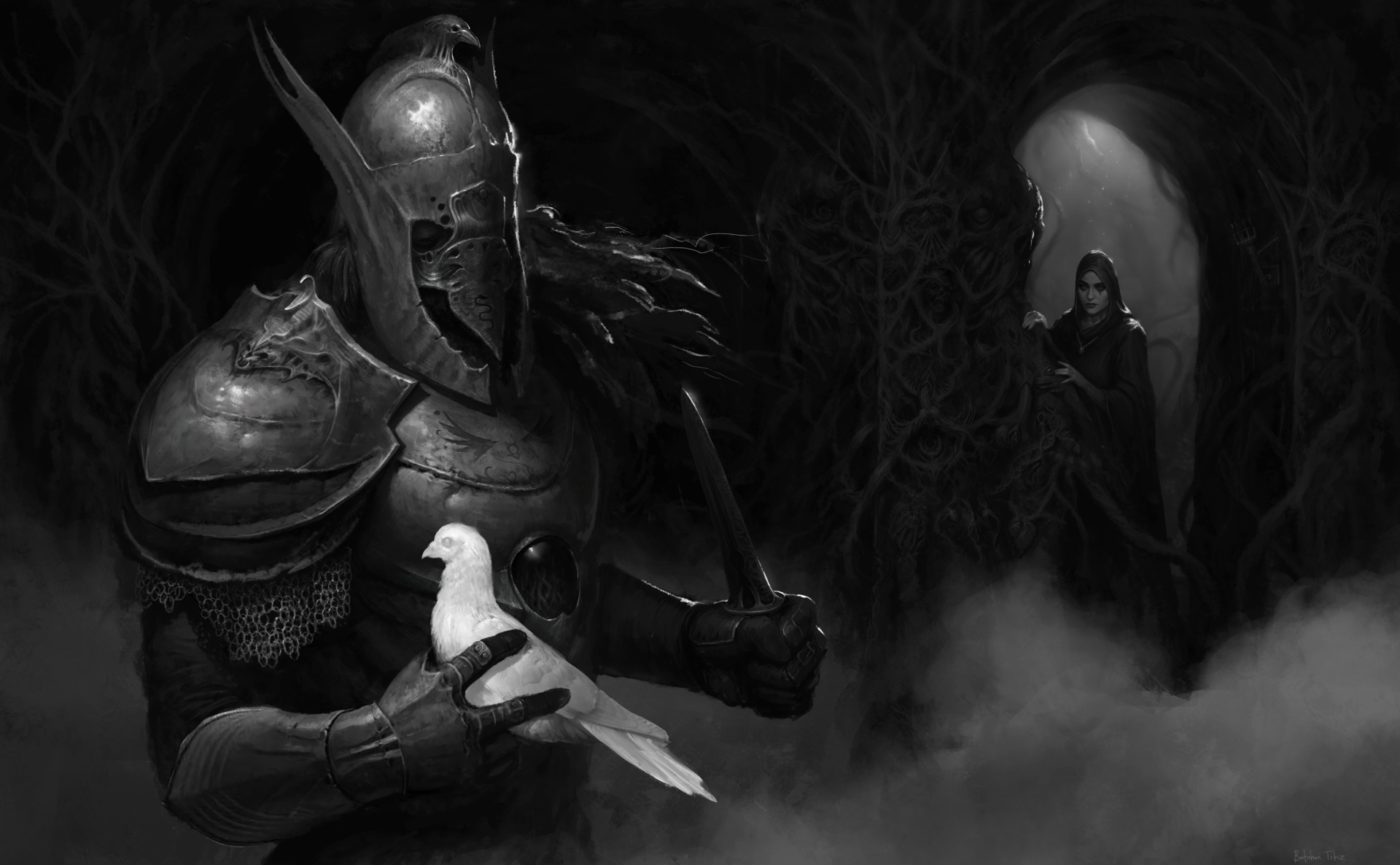 Dark Warrior’s Vigil: 4K Ultra HD Dove and Armor in Shadowed Silence