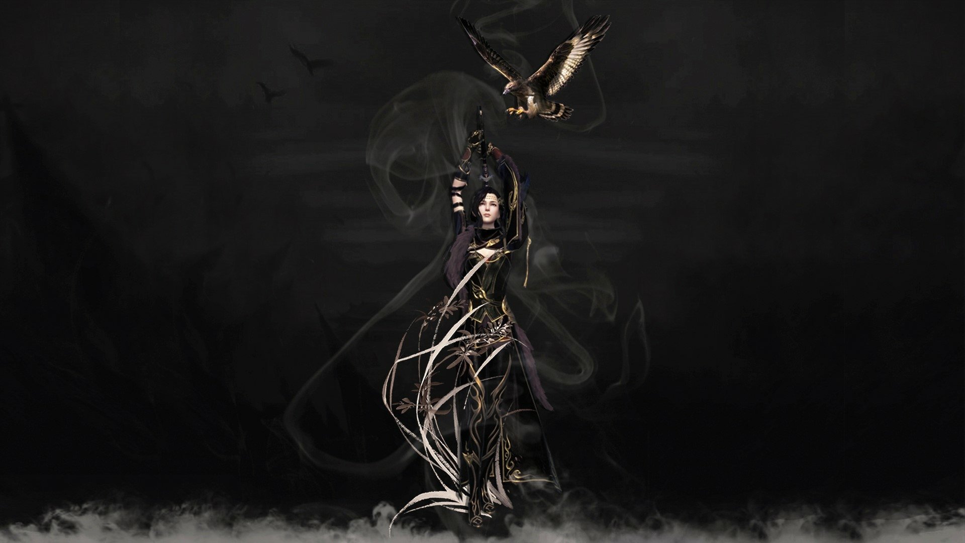 Download Woman Warrior Falcon Bird Black Fantasy HD Wallpaper