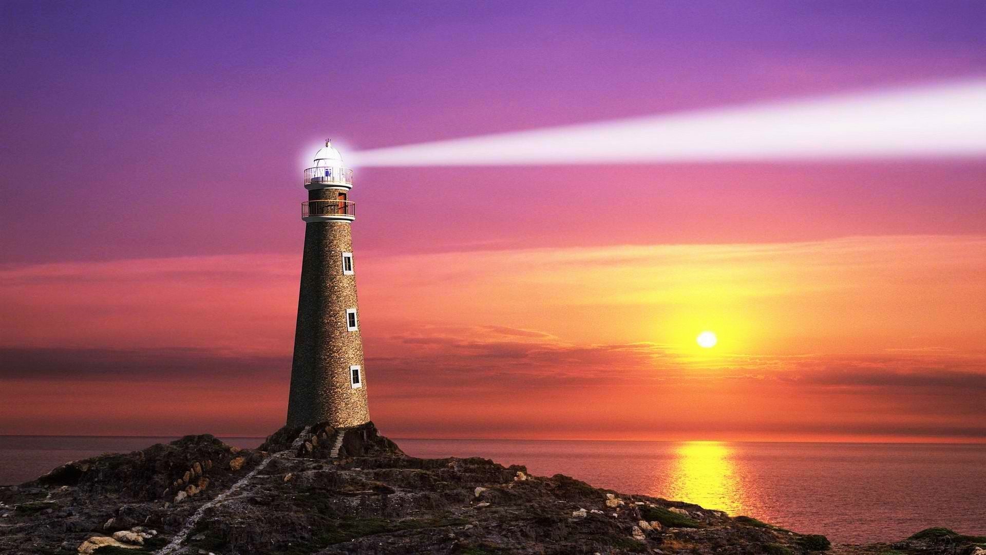 Lighthouse Beacon at Sunset Over Serene Ocean Horizon – HD Wallpaper