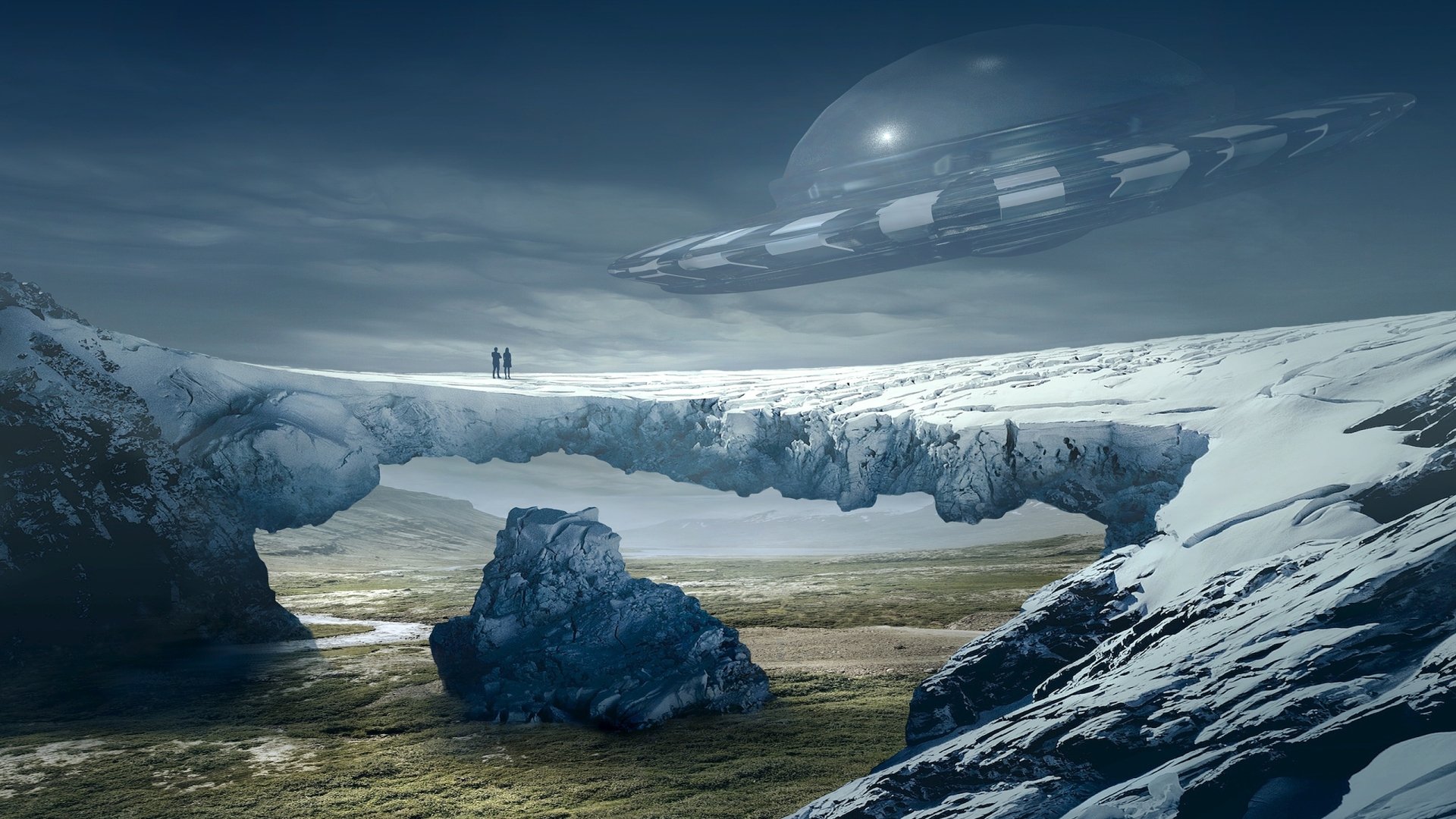 HD Sci-Fi Landscape: Majestic UFO Over Frozen Alien Terrain
