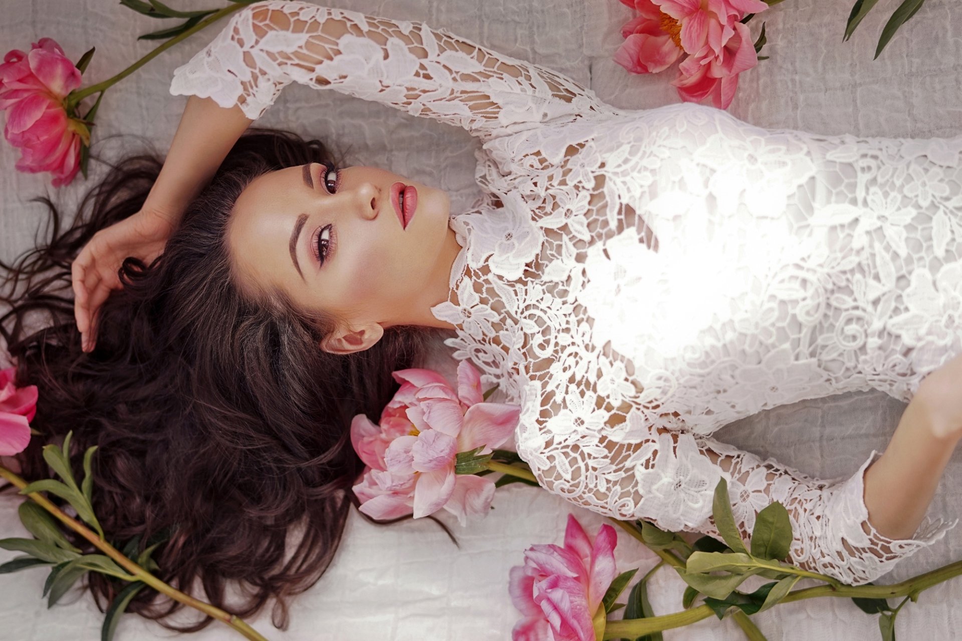 Download Long Hair Brunette Lipstick Flower White Dress Wedding Dress