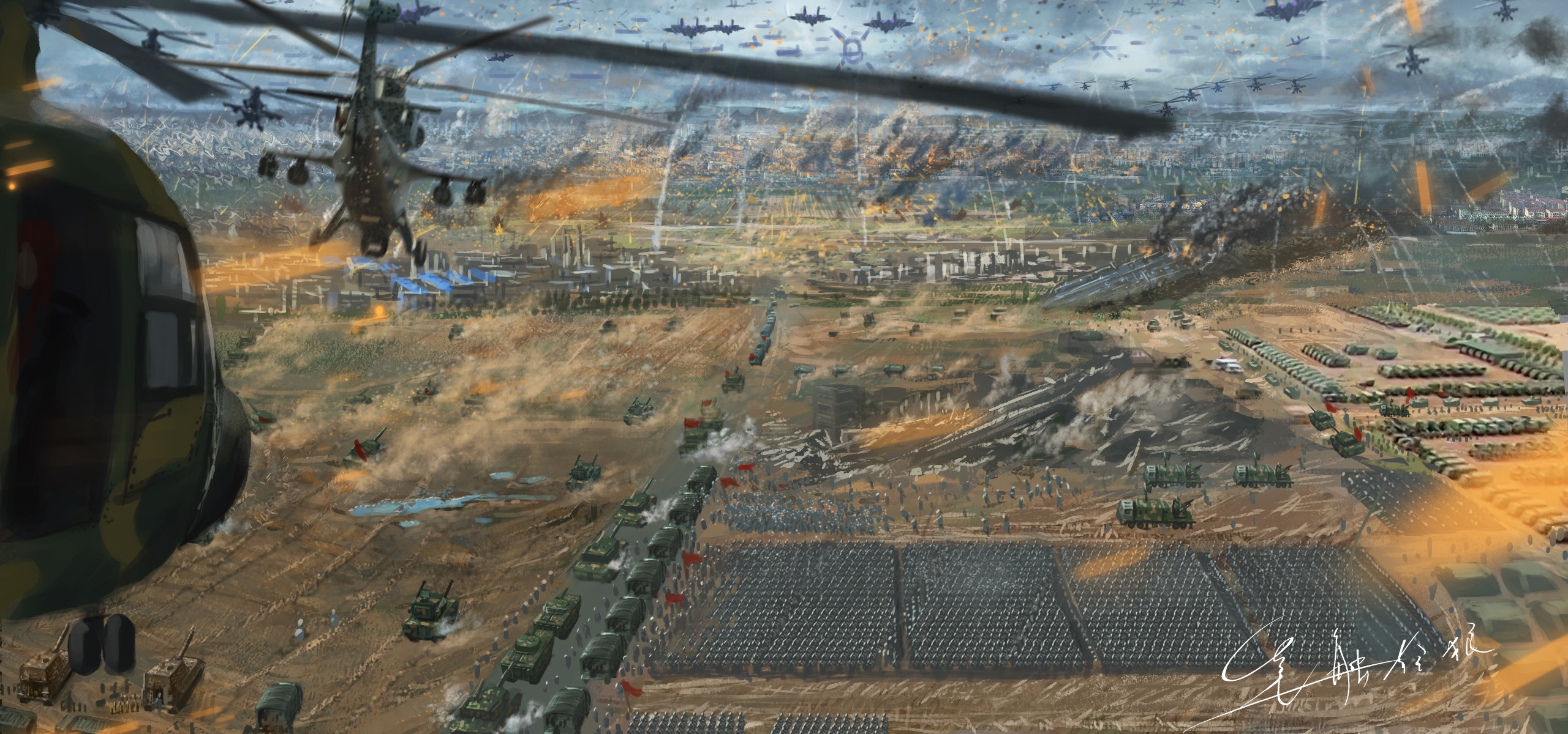 Download China Helicopter War Military Artistic HD Wallpaper by 手绘狼群