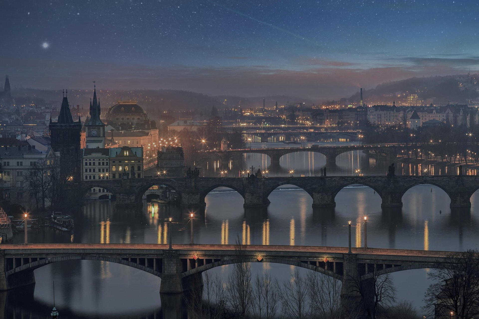 Prague's Illuminated Bridges: Stunning HD Cityscape at Twilight