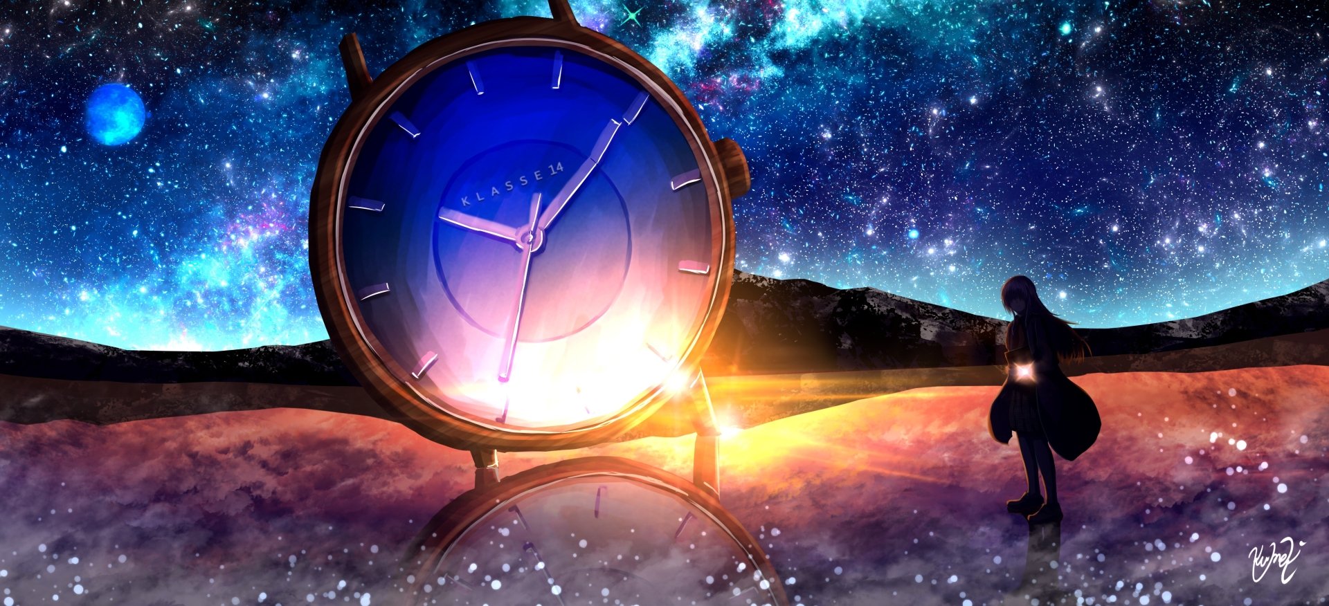 Celestial Timekeeper: Anime Silhouette Beneath the Starry Moon by クメキ